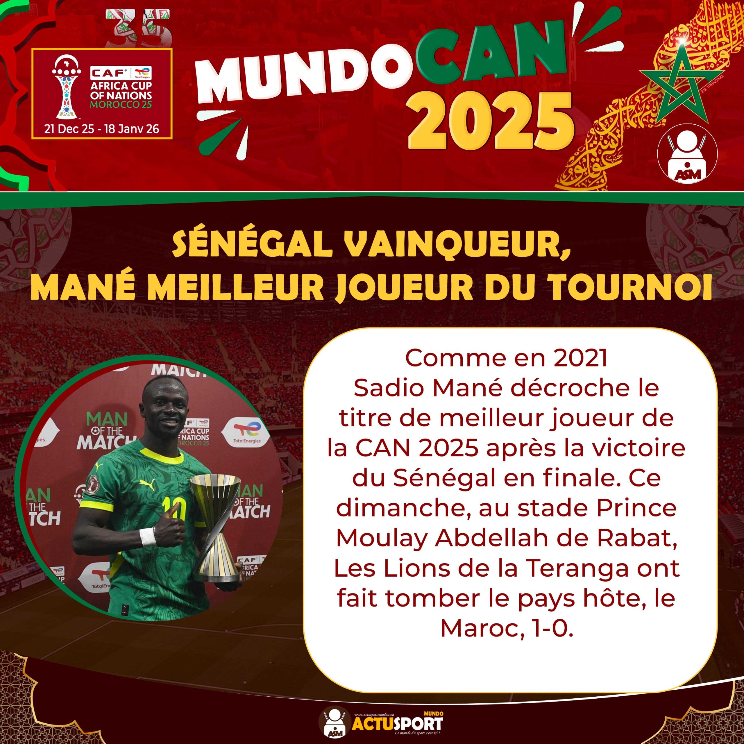 CAN 2025 : Sénégal vainqueur, Mané meilleur joueur du tournoi - Actu ...